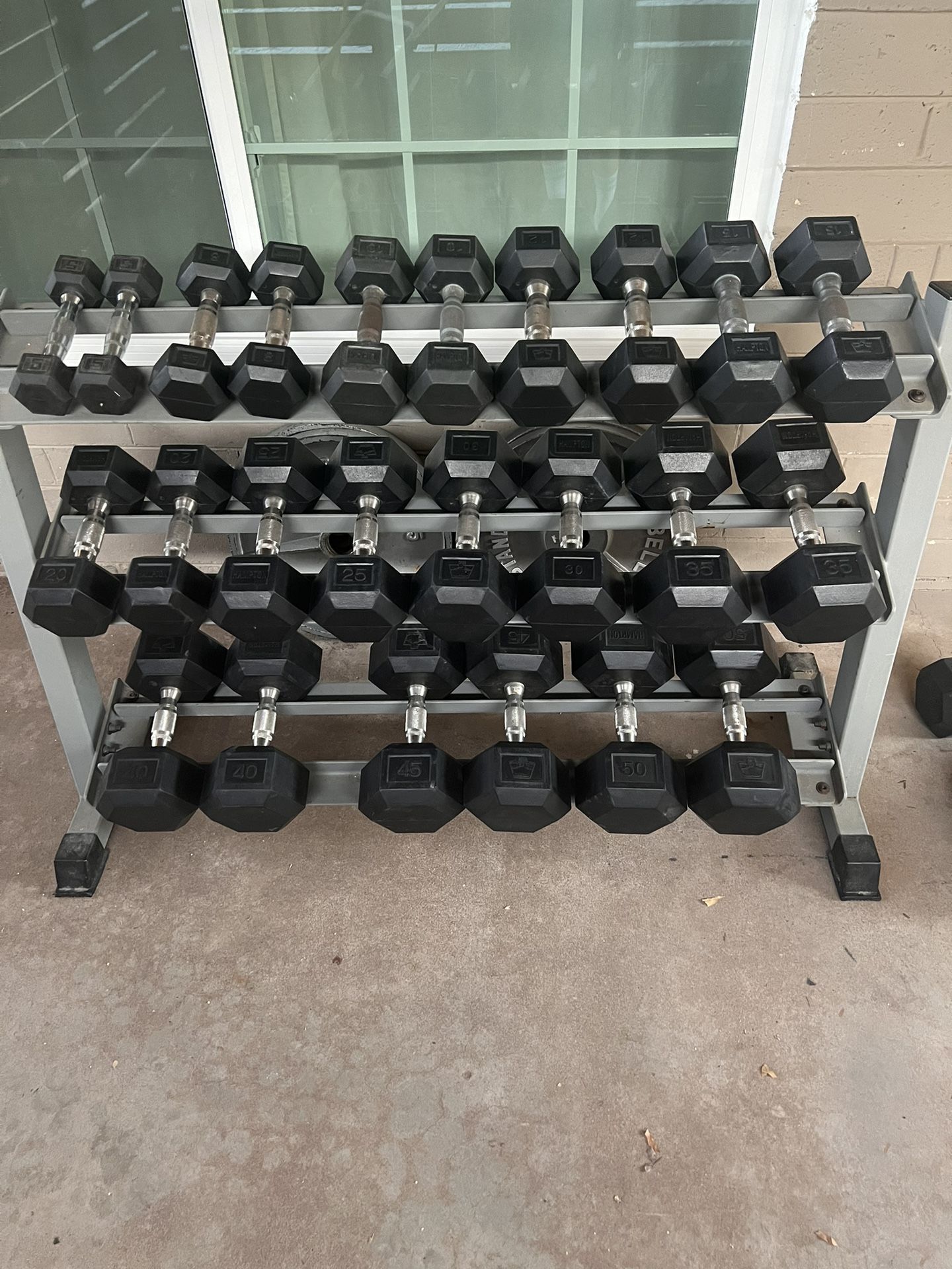 Hampton 5-50 dumbbell set with heavy duty tuff stuff rack for Sale in ...