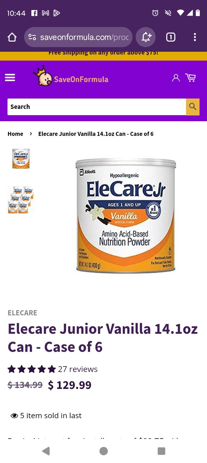 Elecare Junior Vanilla 14.1oz Can - Case of 6 for Sale in Houston, TX ...