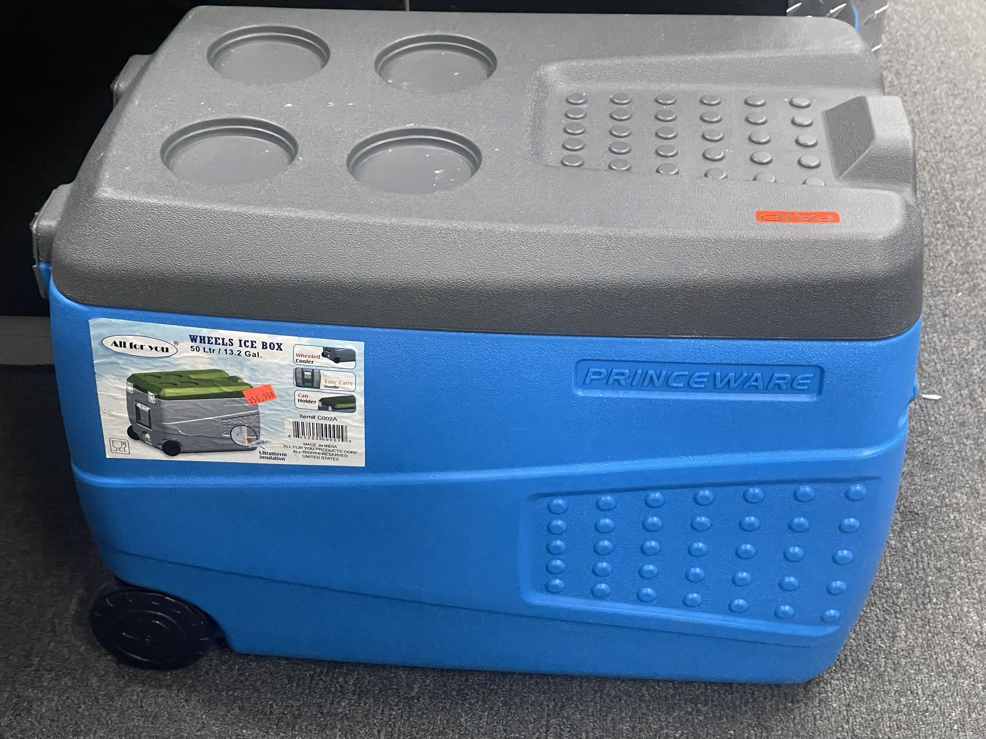 New PrinceWare Wheels Ice Box Cooler For Drinks 50 Liter 13.2 Gallon ...