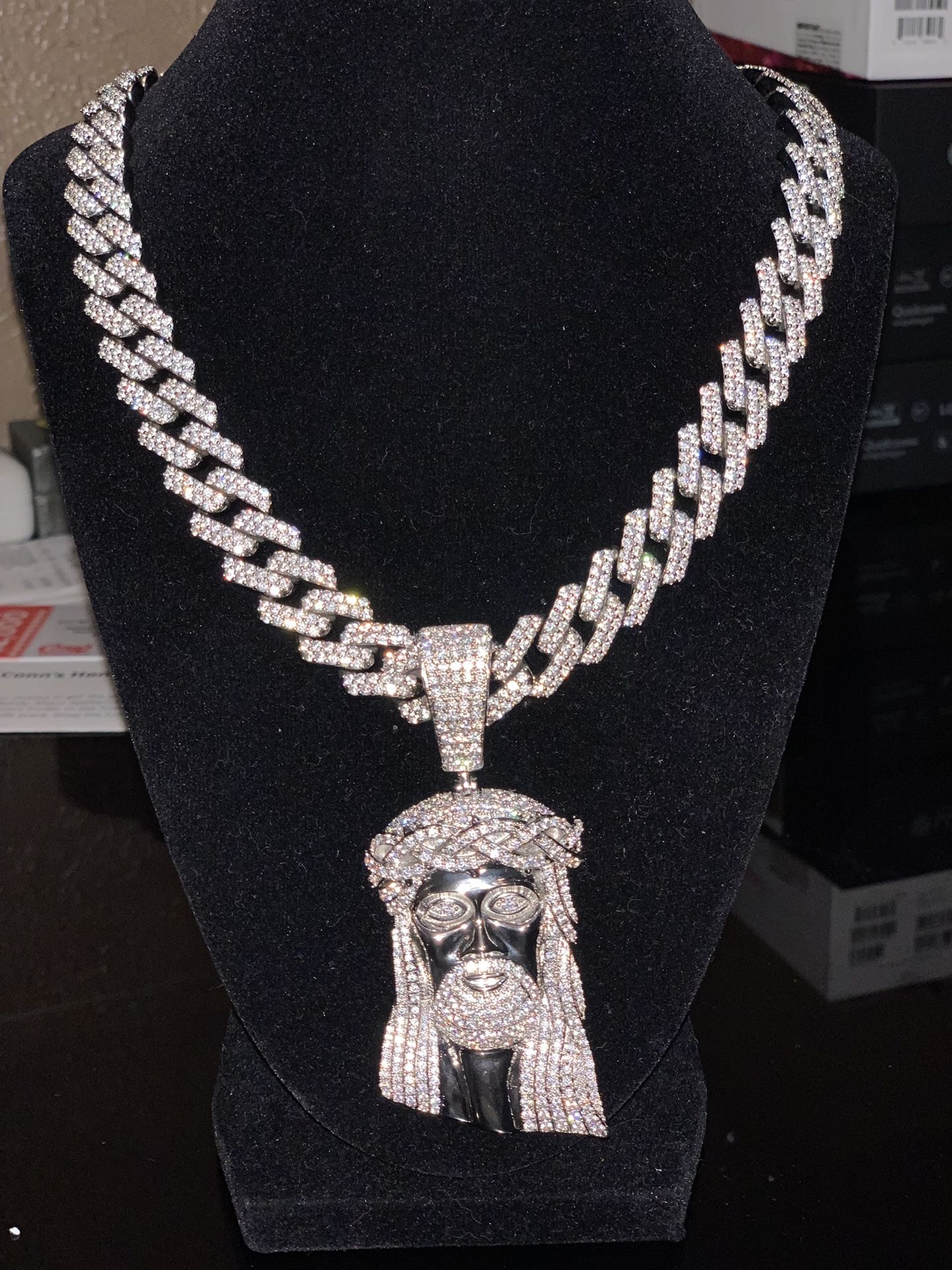 14k WHITE GOLD ICED OUT CUBAN LINK CHAIN & JESUS PIECE..HIGH QUALITY GP ...