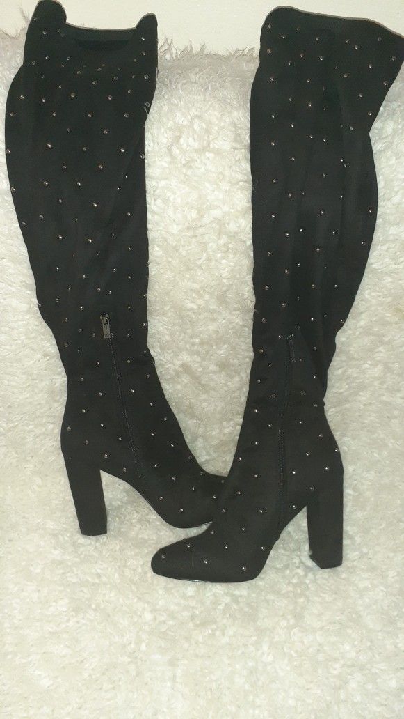 JESSICA SIMPSON THIGH HIGH STUNNING RHINESTONE EMBELLISHED BLACK BOOTS ...
