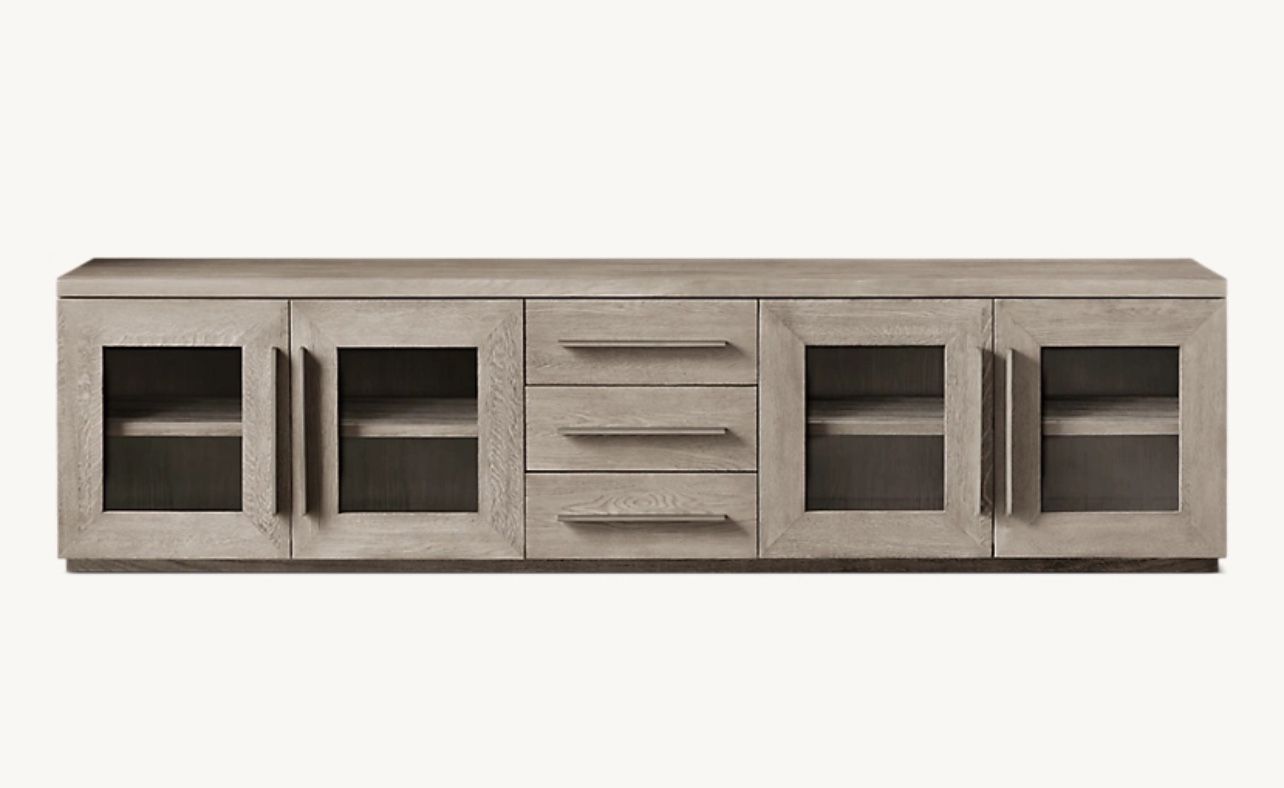 RH MACHINTO GLASS 4-DOOR 100” MEDIA CONSOLE WITH DRAWERS • GRAY OAK ...