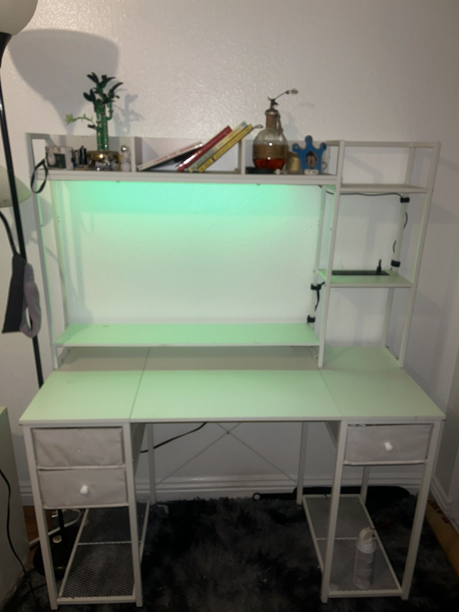 White Desk With LED lights Built In, Plug Ins On Shelf for Sale in Las ...