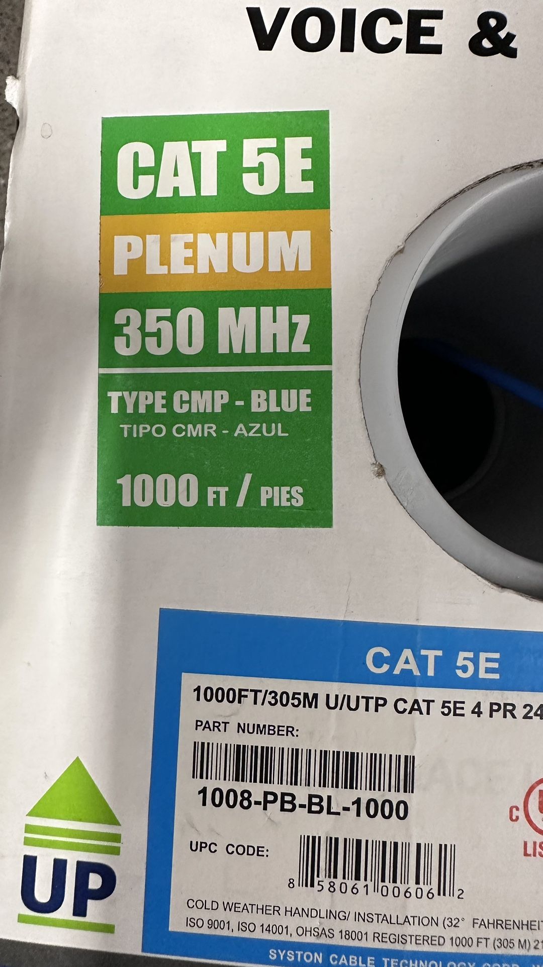 Syston Cable Cat5E 4pr 24awg Unshielded Plenum Ethernet Cable 1008-PB ...