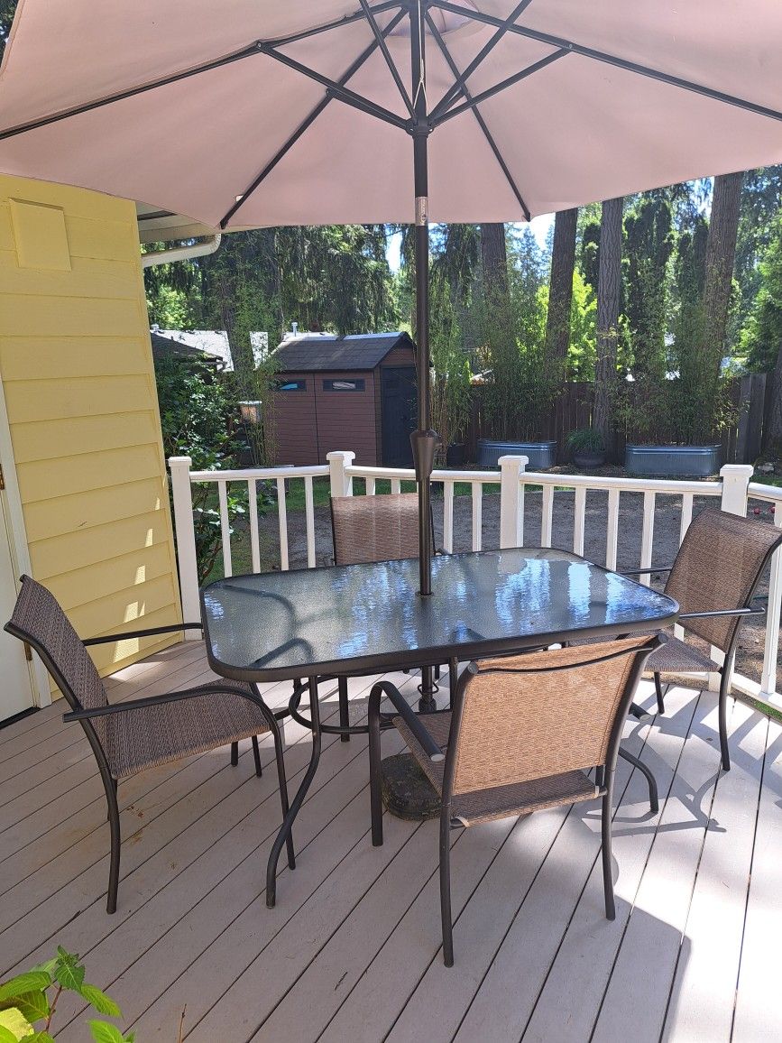 Patio Table Chairs Umbrella And Stand for Sale in Woodinville, WA - OfferUp
