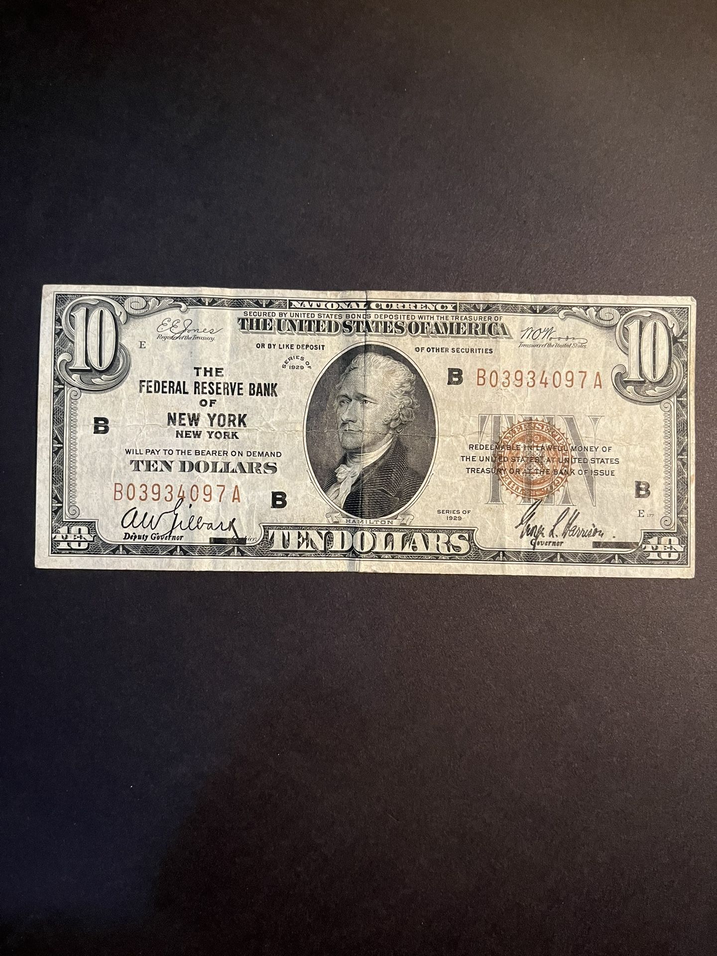 1929 National Currency 10 Dollar Bill New York Federal Reserve Bank US ...