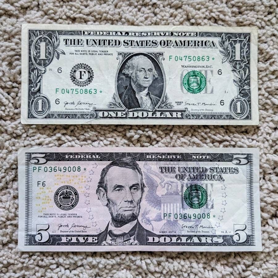 Set of two fancy serial number Federal Reserve Bank $1 and $5 STAR ...