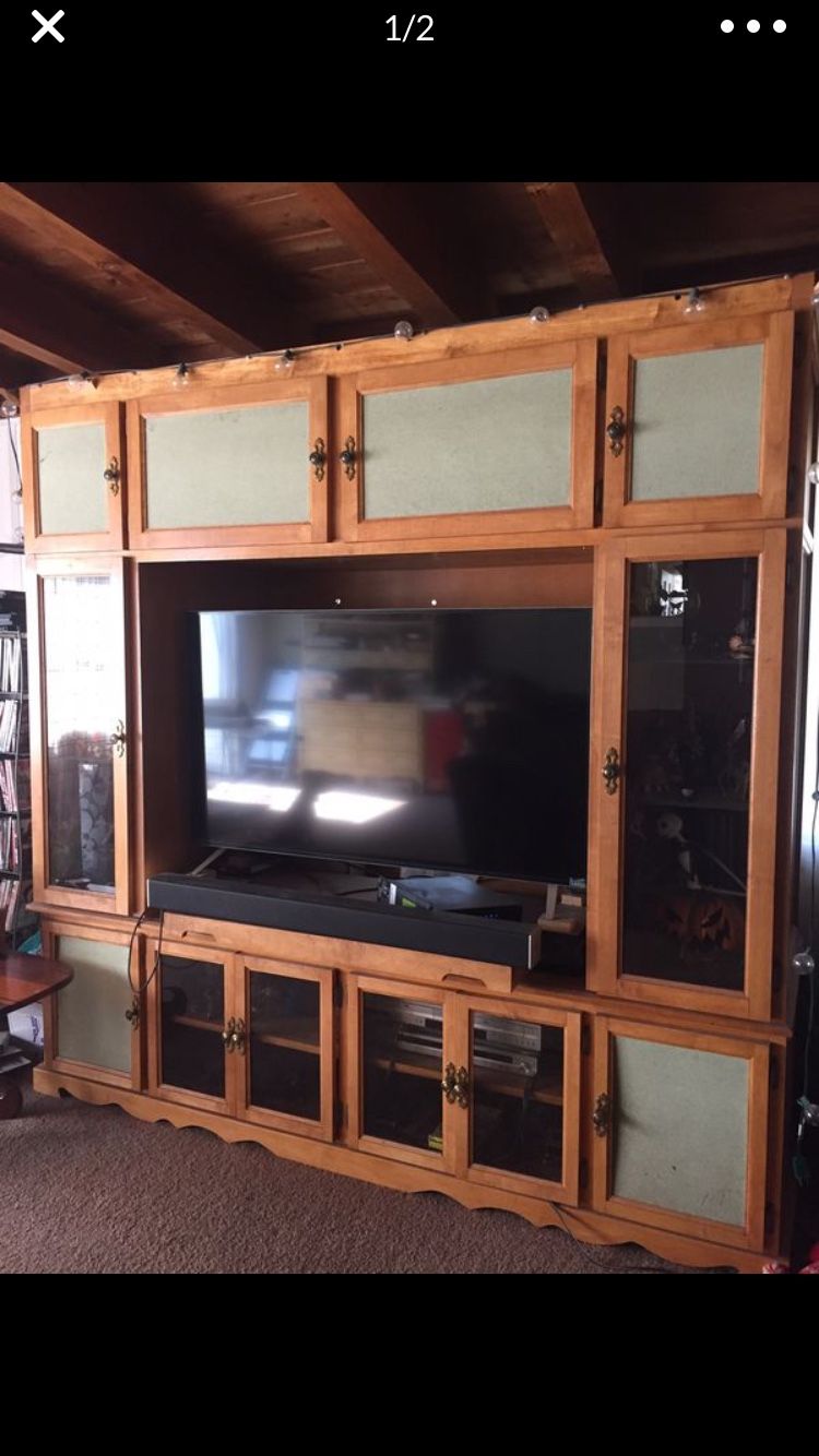 Large entertainment center wooden shelf display curio cabinet handmade ...