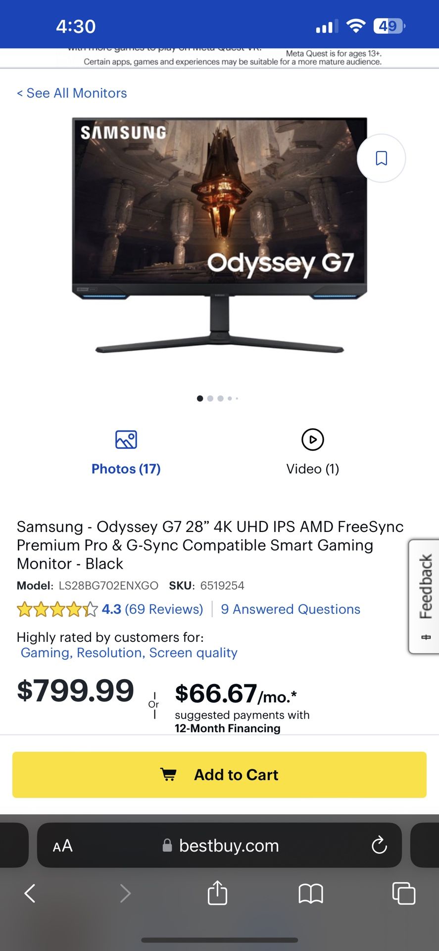 Samsung Odyssey G7 28” 4k 144hz and MSI g27 27” 1440p 165hz for Sale in ...