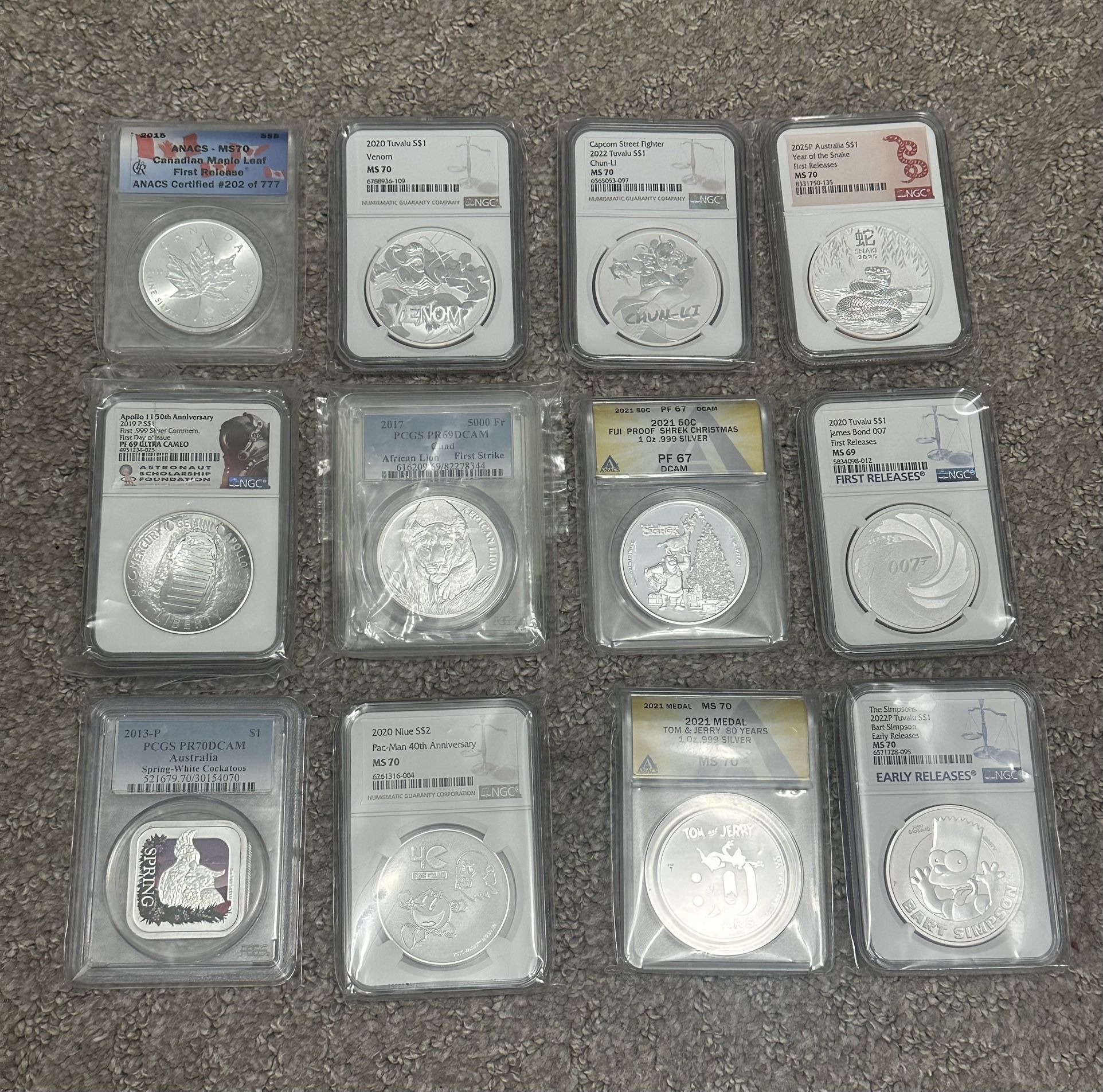 Graded silver Rounds BART Simpson, PAC-Man, Spring-White Cockatoos ...