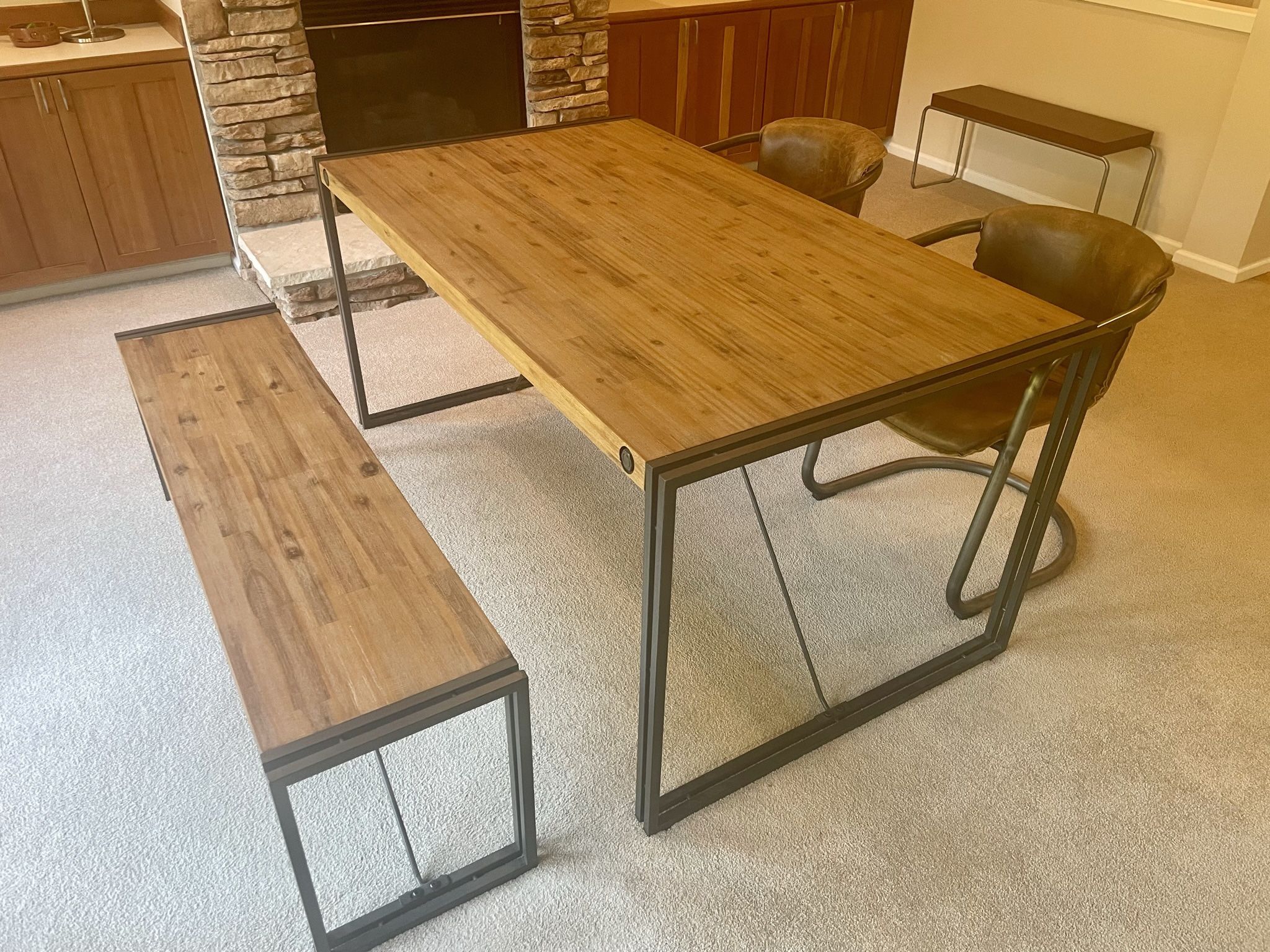 Industrial Chic Wood And Metal Table , Bench And Two Chairs for Sale in ...