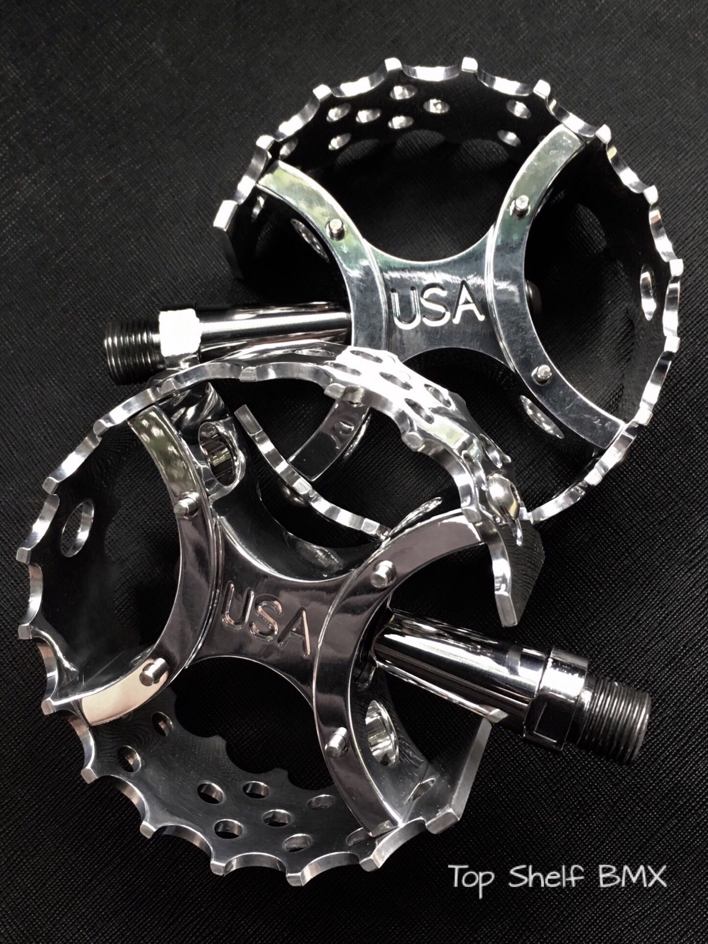 USA MACHINE WORKS 9/16” PRO SIZE FULLY POLISHED ROUND BMX PEDALS CRUPI ...