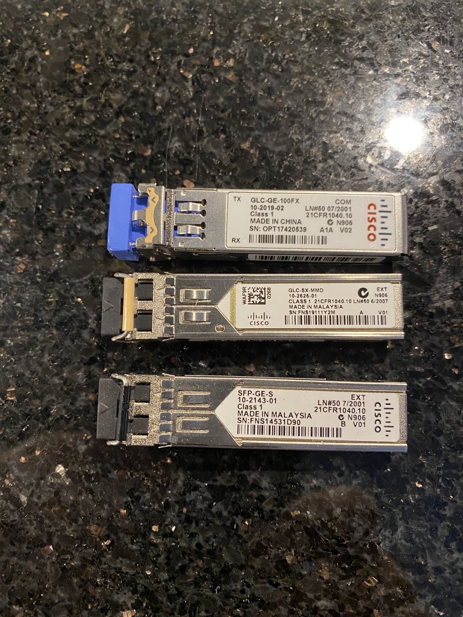 3 Cisco 100BASE Fast Ethernet Modules GLC-GE-100FX GLC-SX-MMD & SFP-GE ...