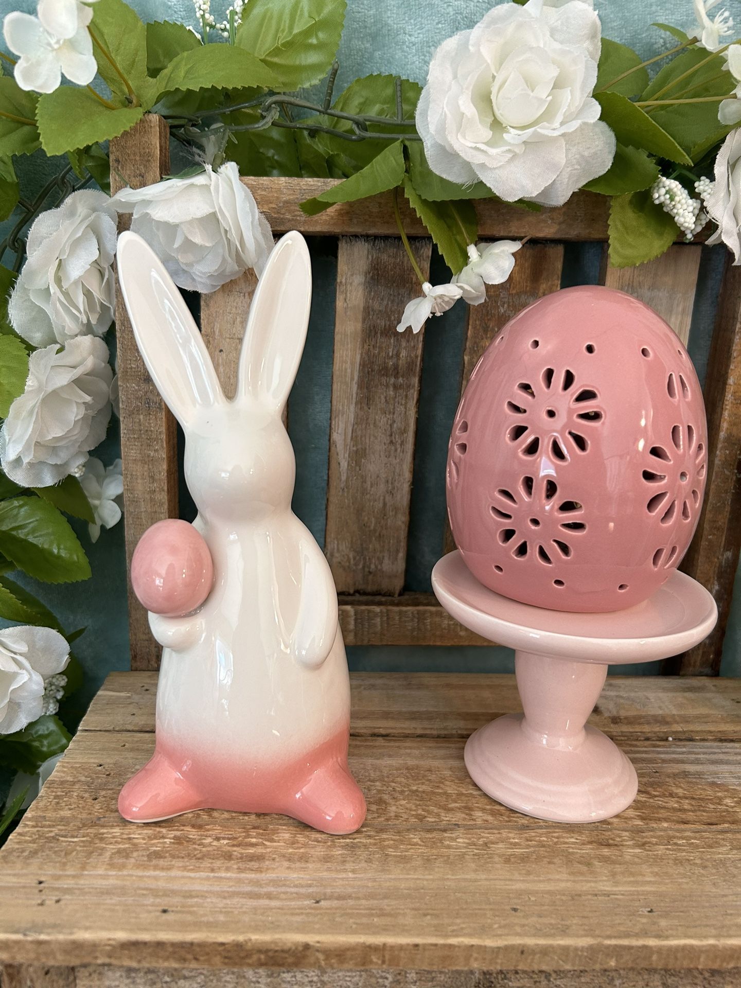 Easter decor beautiful Pink ceramic bunny & lighted egg for Sale in ...