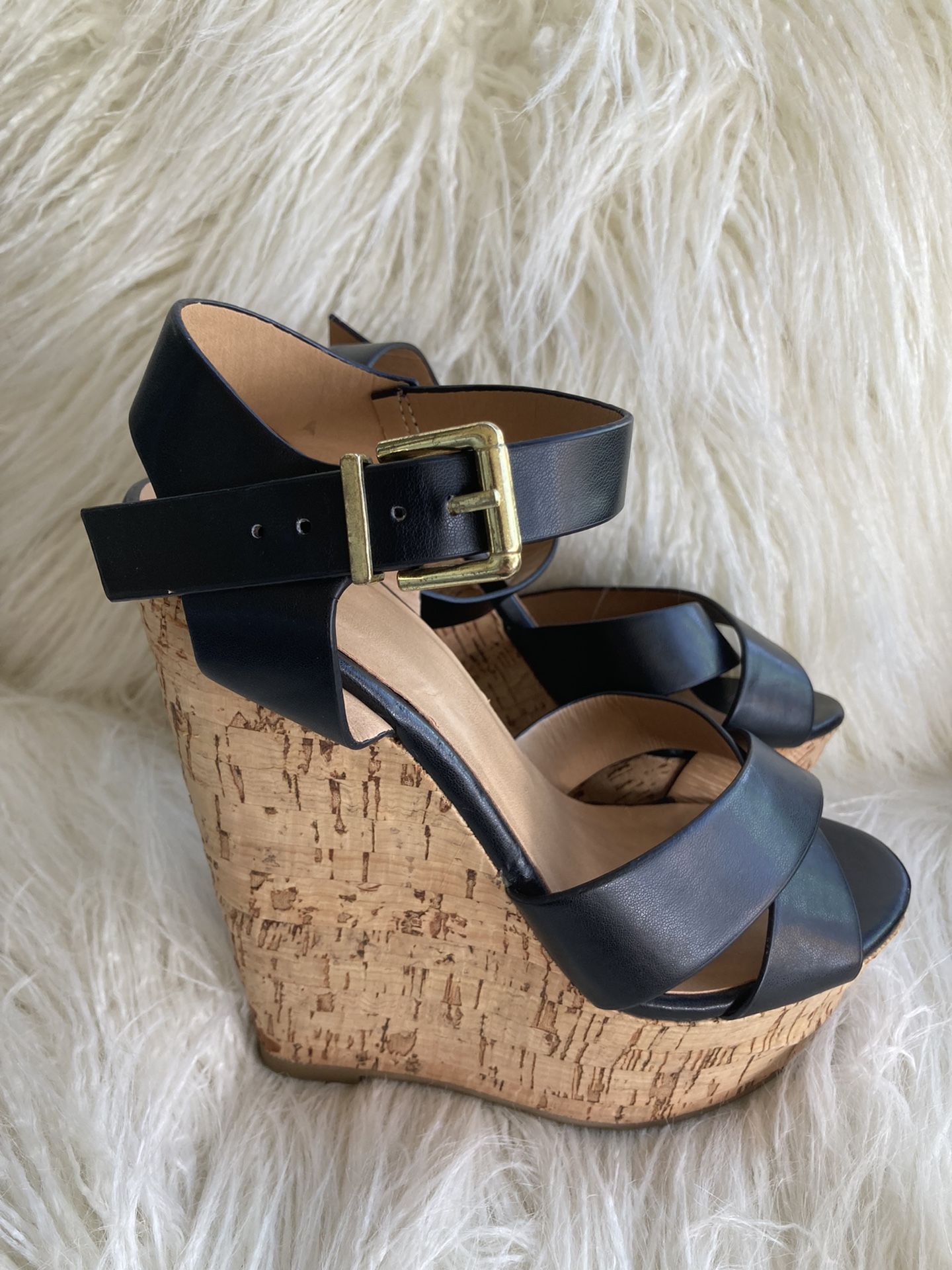 Black Strappy Cork Wedges