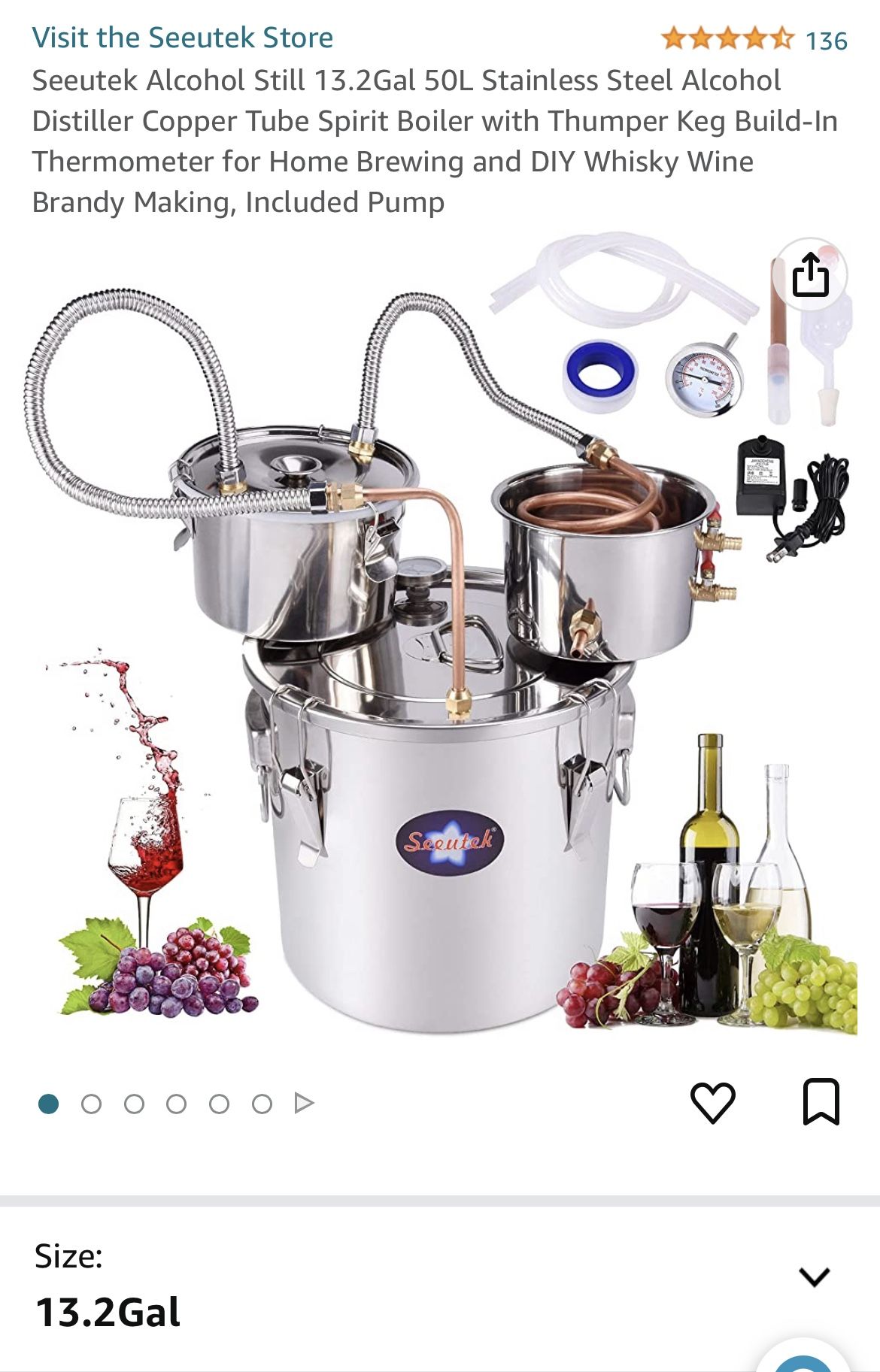 Seeutek Alcohol Still 13.2Gal 50L Stainless Steel Alcohol Distiller ...