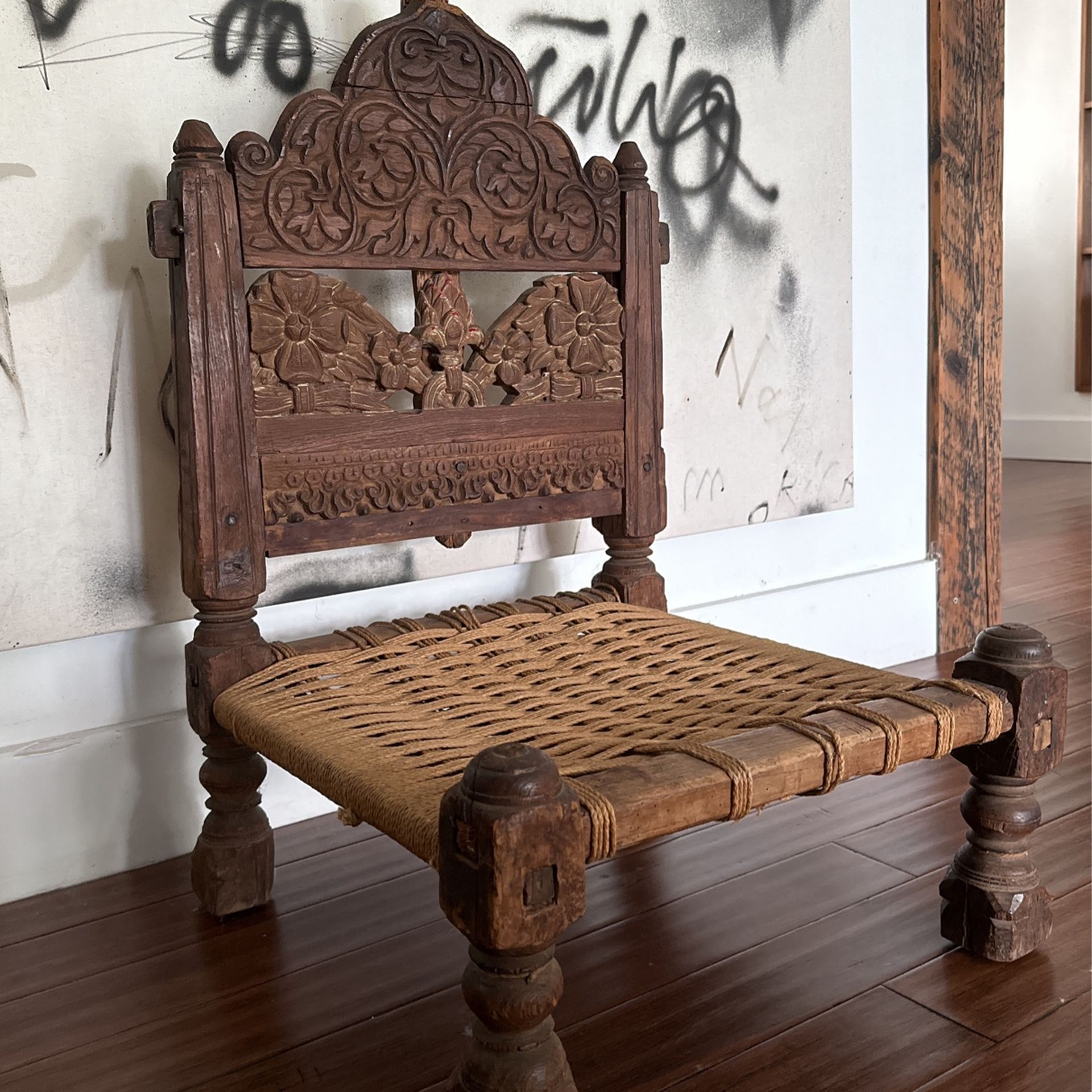 Indian Antique Rustic Low Seat Wooden Chair with Carved Rosettes and ...
