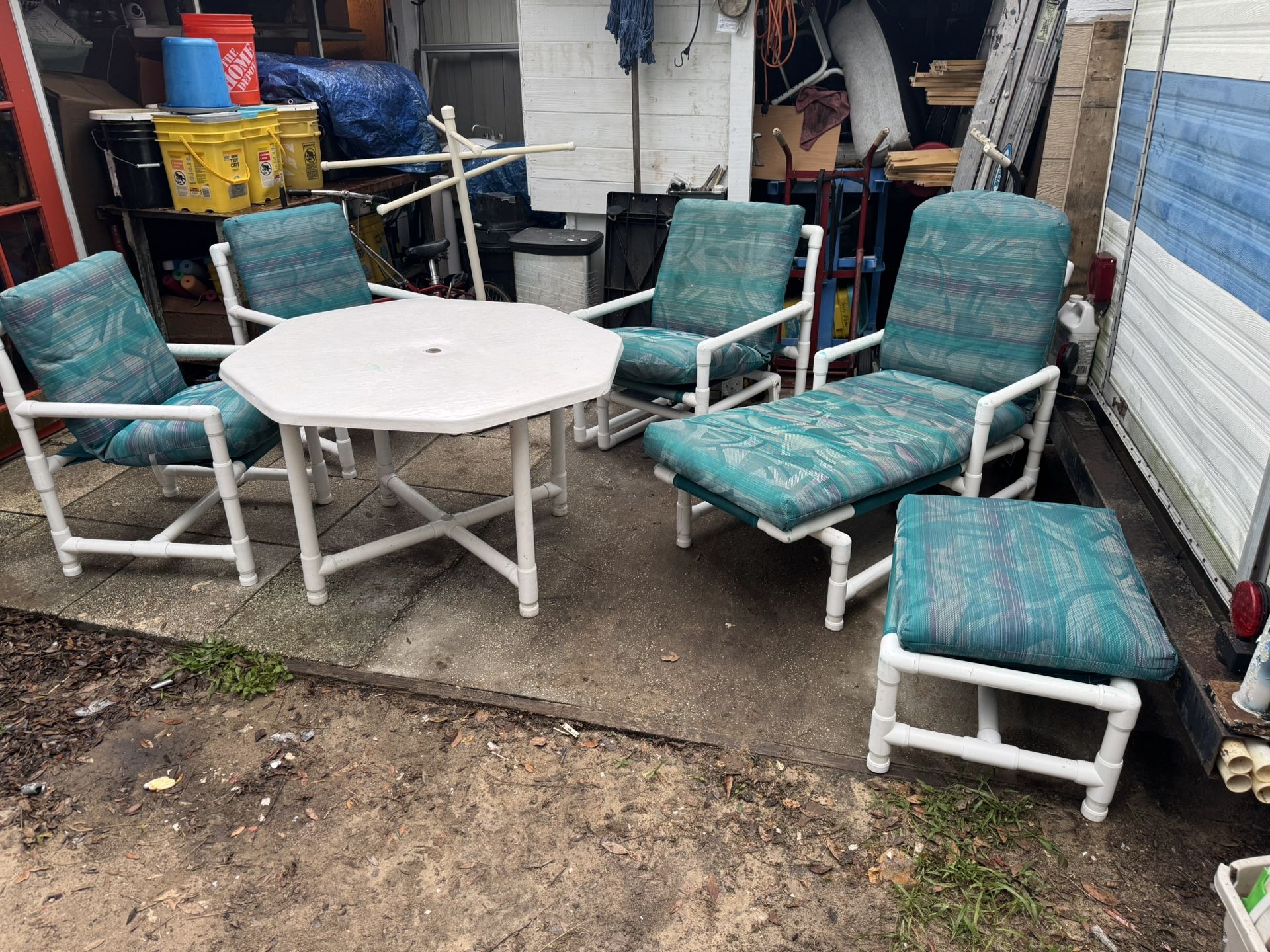 6 Piece PVC Fiberglas Octagon Patio Table & chairs, swinger, and ...