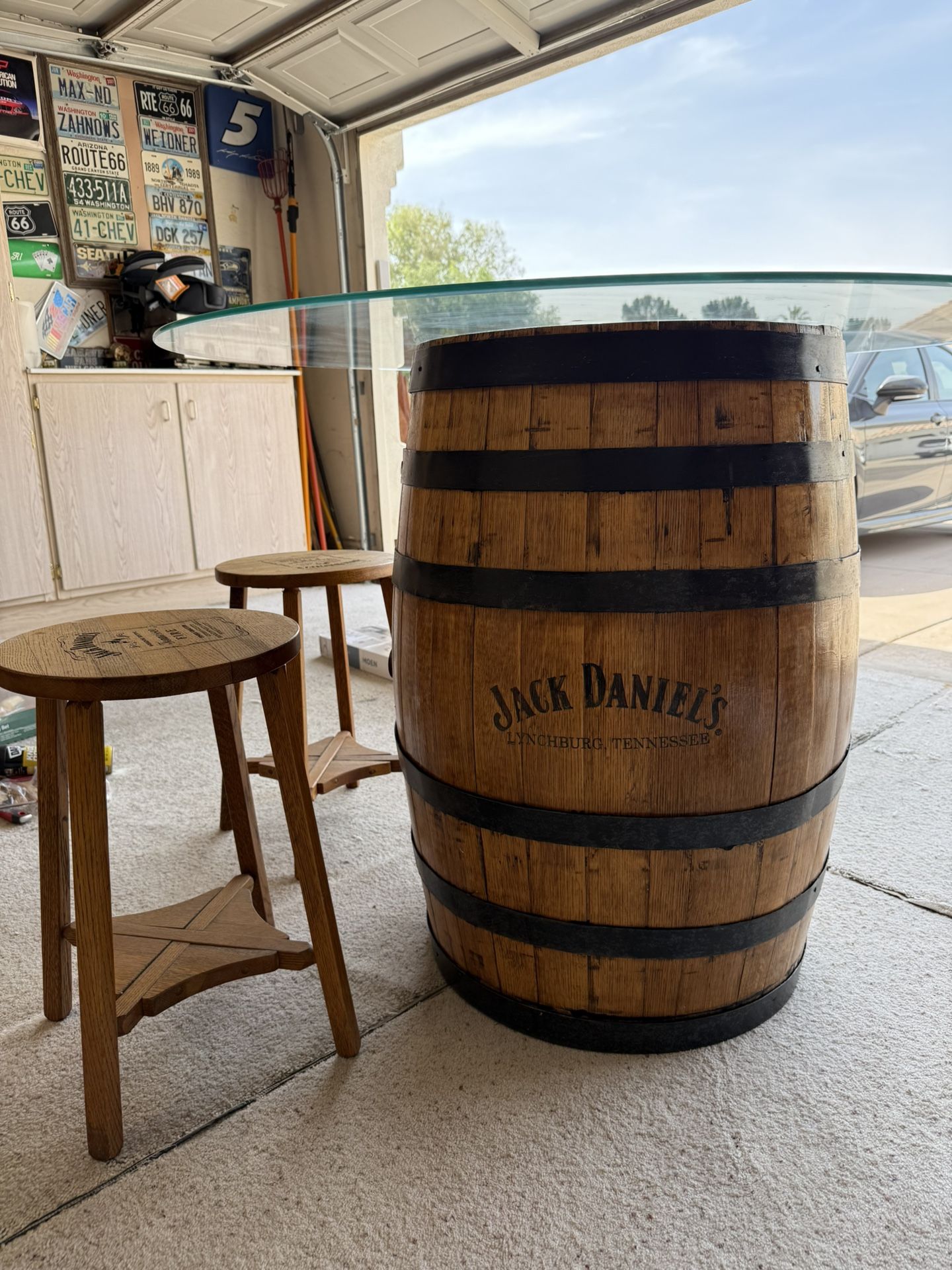 Authentic Jack Daniel’s Whiskey Barrel Table & 3 Stools for Sale in ...