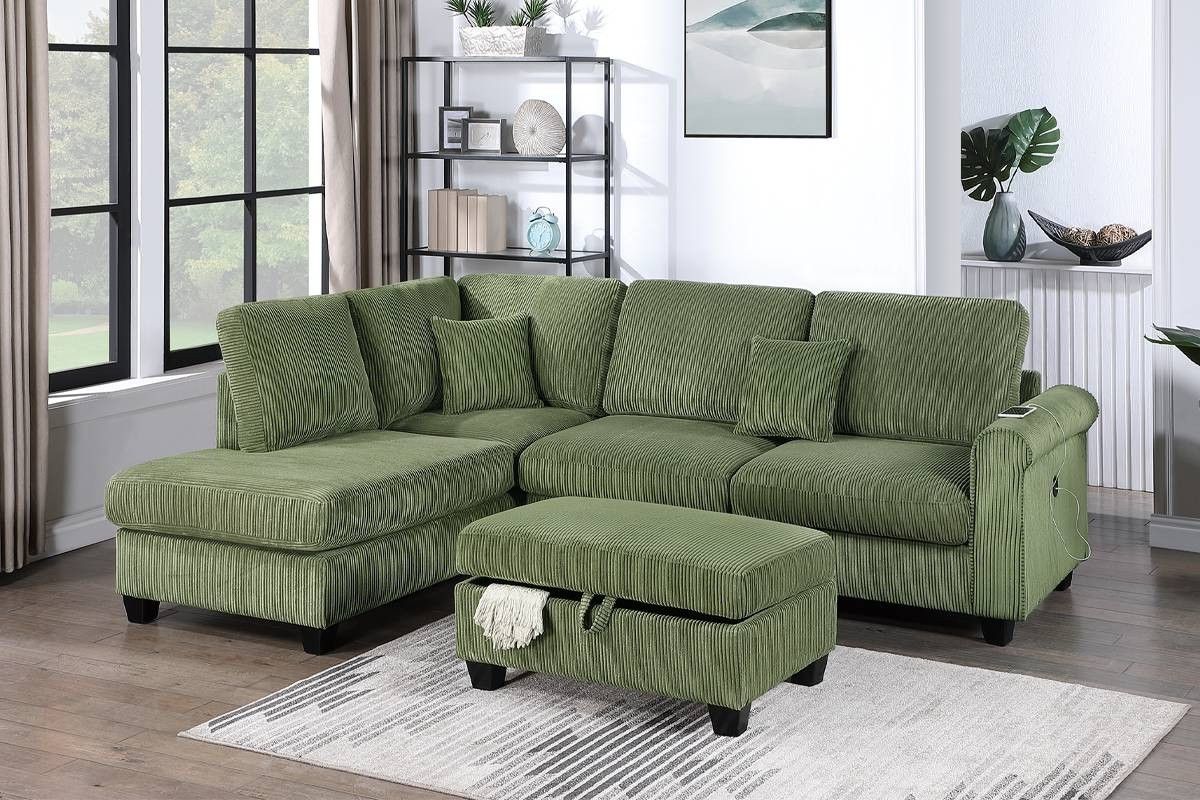 ️️3 pc sage green corduroy fabric sectional sofa with reversible ...