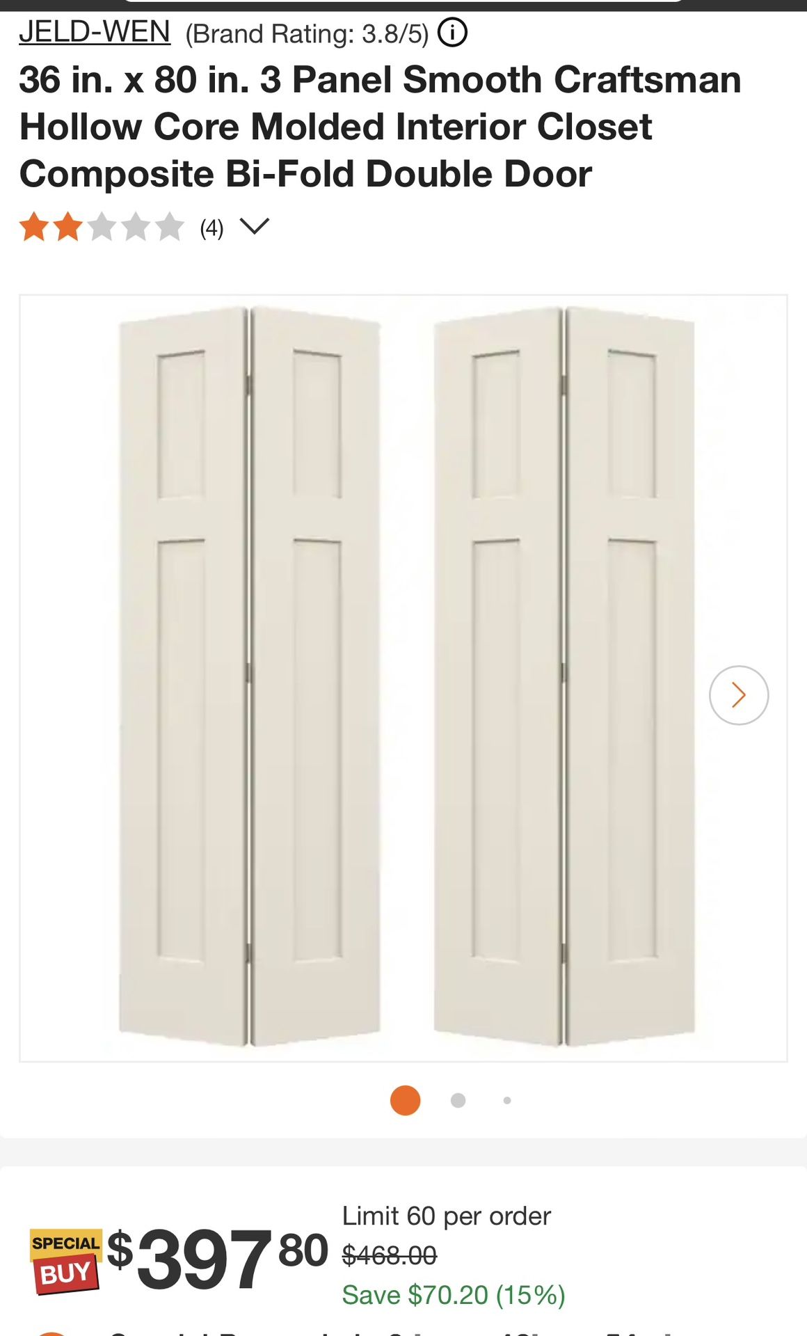 36 in. x 80 in. 3 Panel Smooth Craftsman Hollow Core Molded Interior ...
