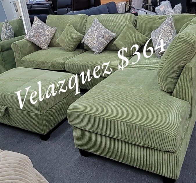 ️️3 pc sage green corduroy fabric sectional sofa with reversible ...