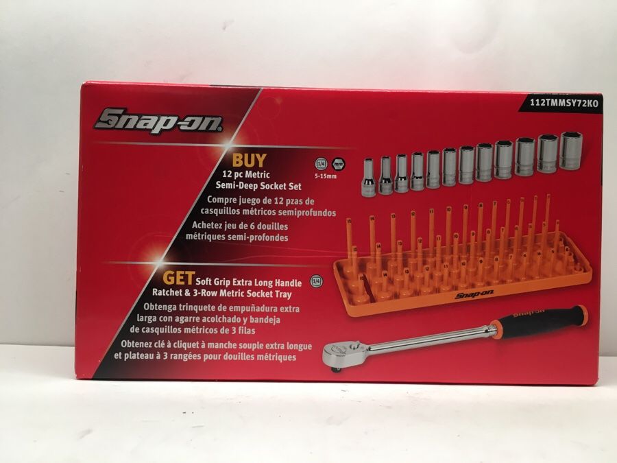 Snap-On 12-Piece Metric Semi-Deep Socket Set with Soft Grip Extra Long Handle Ratchet & 3-Row ...