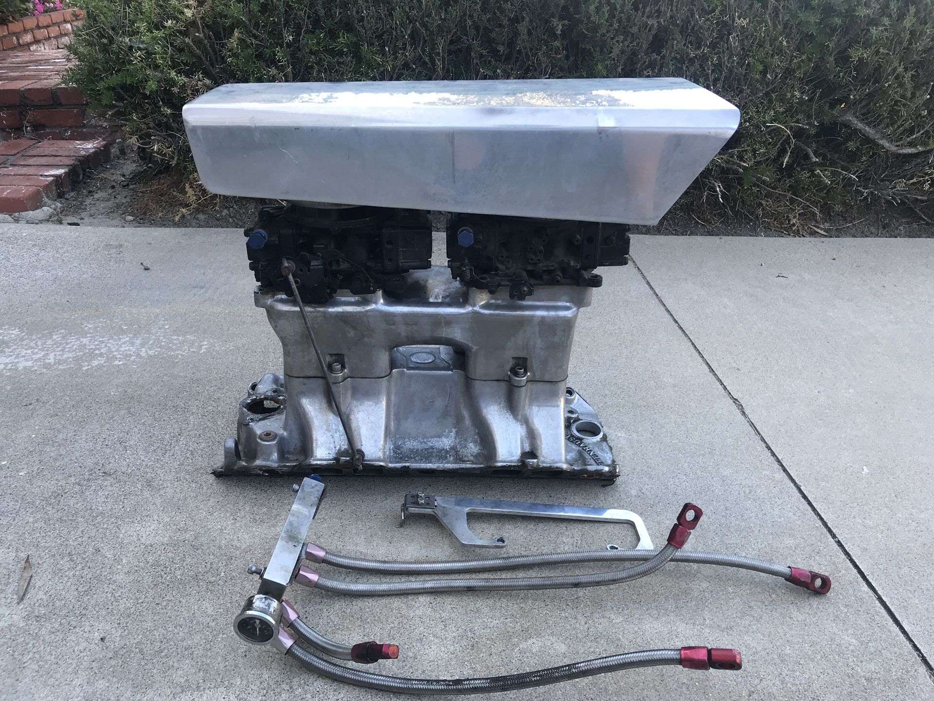 BBC square port high rise intake, dual Holley carbs, Bassett scoop, and ...