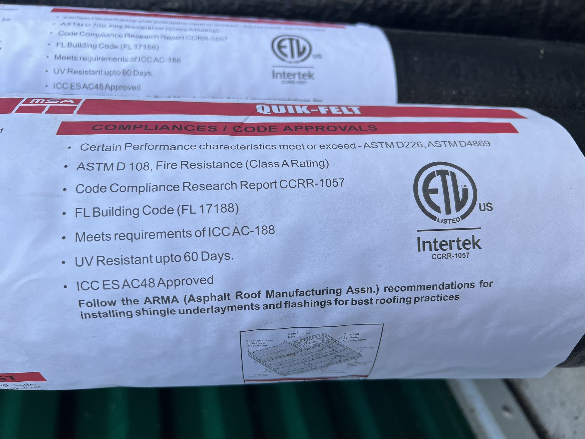 9 Rolls Of MSA Quik-Felt Lightweight Synthetic Underlayment For Roofing ...