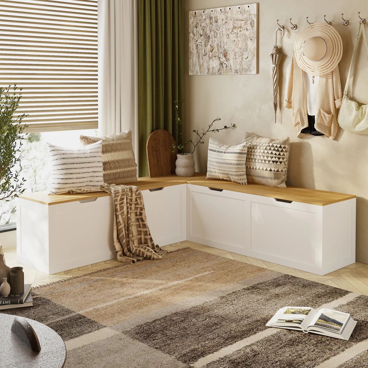 L-Shaped Storage Bench with Lift-Top Seats and Wooden Top for Entryway ...