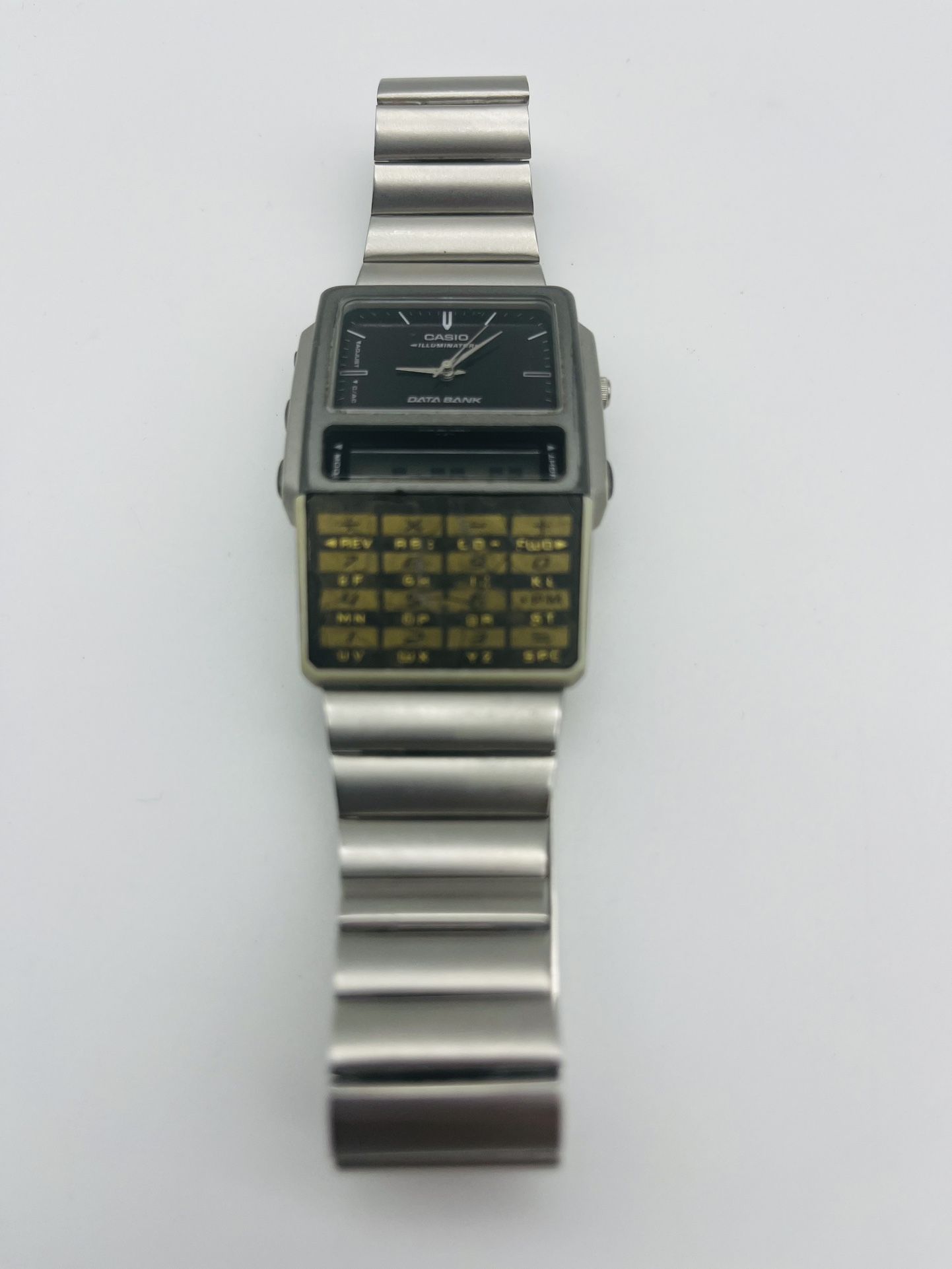 Casio Data Bank vintage calculator watch 1980, 50x34mm size case, 18cm ...