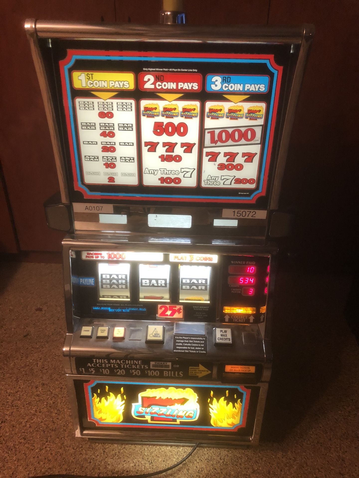 25cent Sizzling 7’S slot machine for Sale in Surprise, AZ - OfferUp
