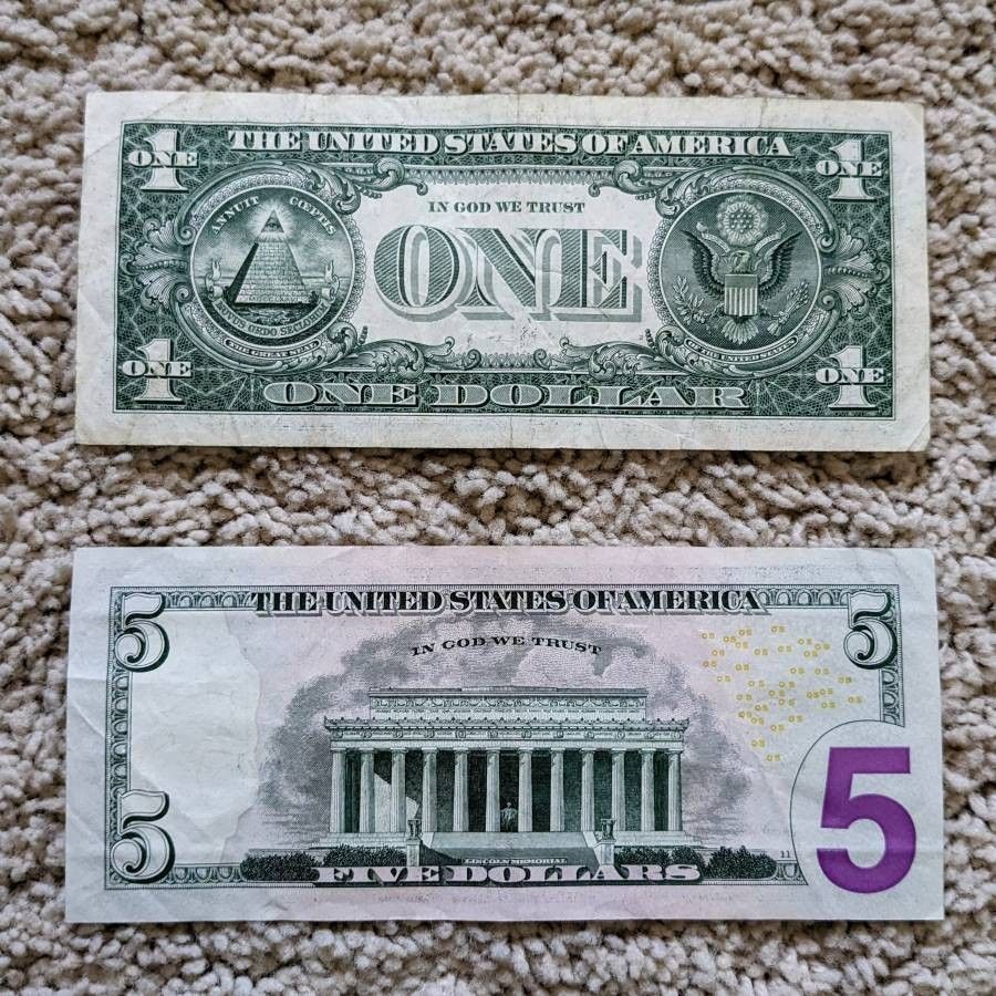 Set of two fancy serial number Federal Reserve Bank $1 and $5 STAR ...