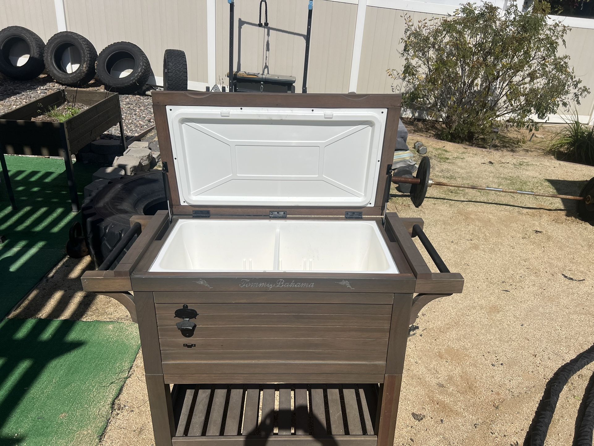 Tommy Bahama 100-quart Rolling Wood Cooler Beverage Cart, Patio, Porch ...
