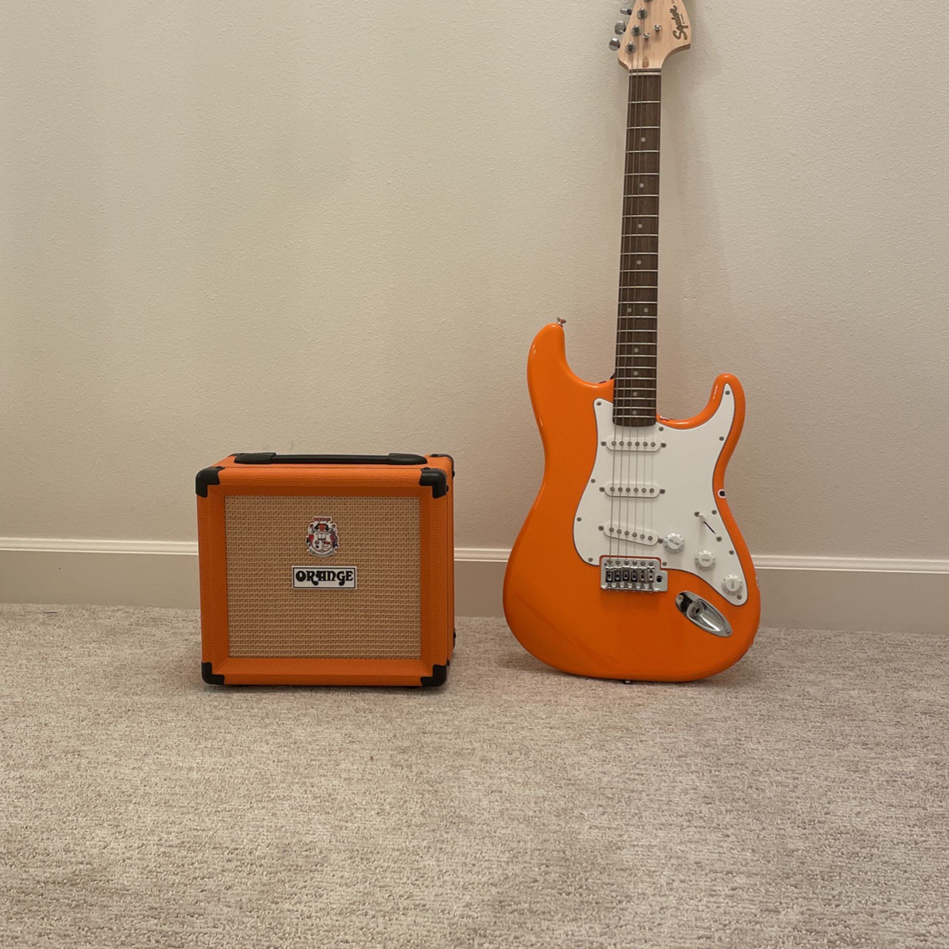 Fender Squier Electric Guitar + Orange Crush 12 Amp + Accessories for ...