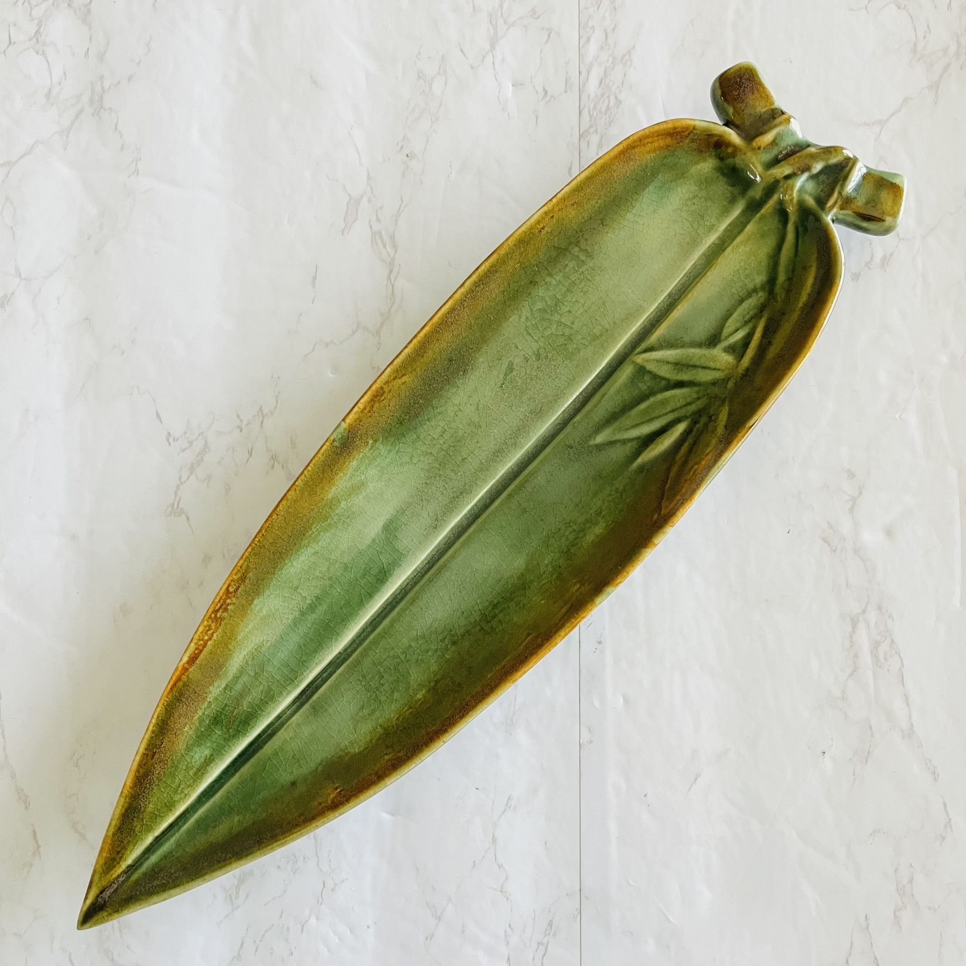 Vintage MCM Footed Green/Brown Ceramic Pottery Drip Glaze Oblong Dish ...