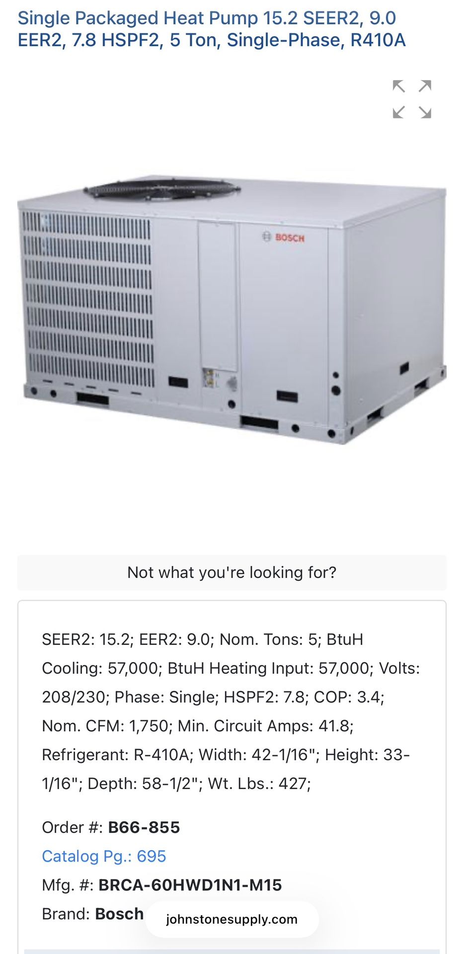 Bosch Single Packaged Heat Pump 15.2 SEER2, 9.0 EER2, 7.8 HSPF2, 5 Ton ...