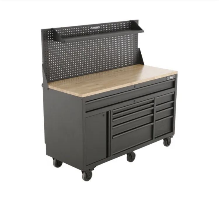 Husky 61 in. W x 26 in. D Heavy Duty 10-Drawer 1-Door Mobile Workbench ...