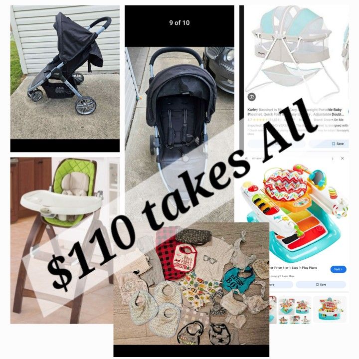 Baby Bundle Lot High Chair Britax Stroller Bibs Burp Cloths Bassinet ...
