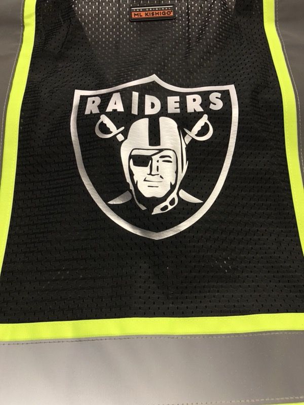 CUSTOM OAKLAND RAIDERS BLACK CLASS 2 SAFETY VEST ( $40 FIRM ) SIZE L-XL ...