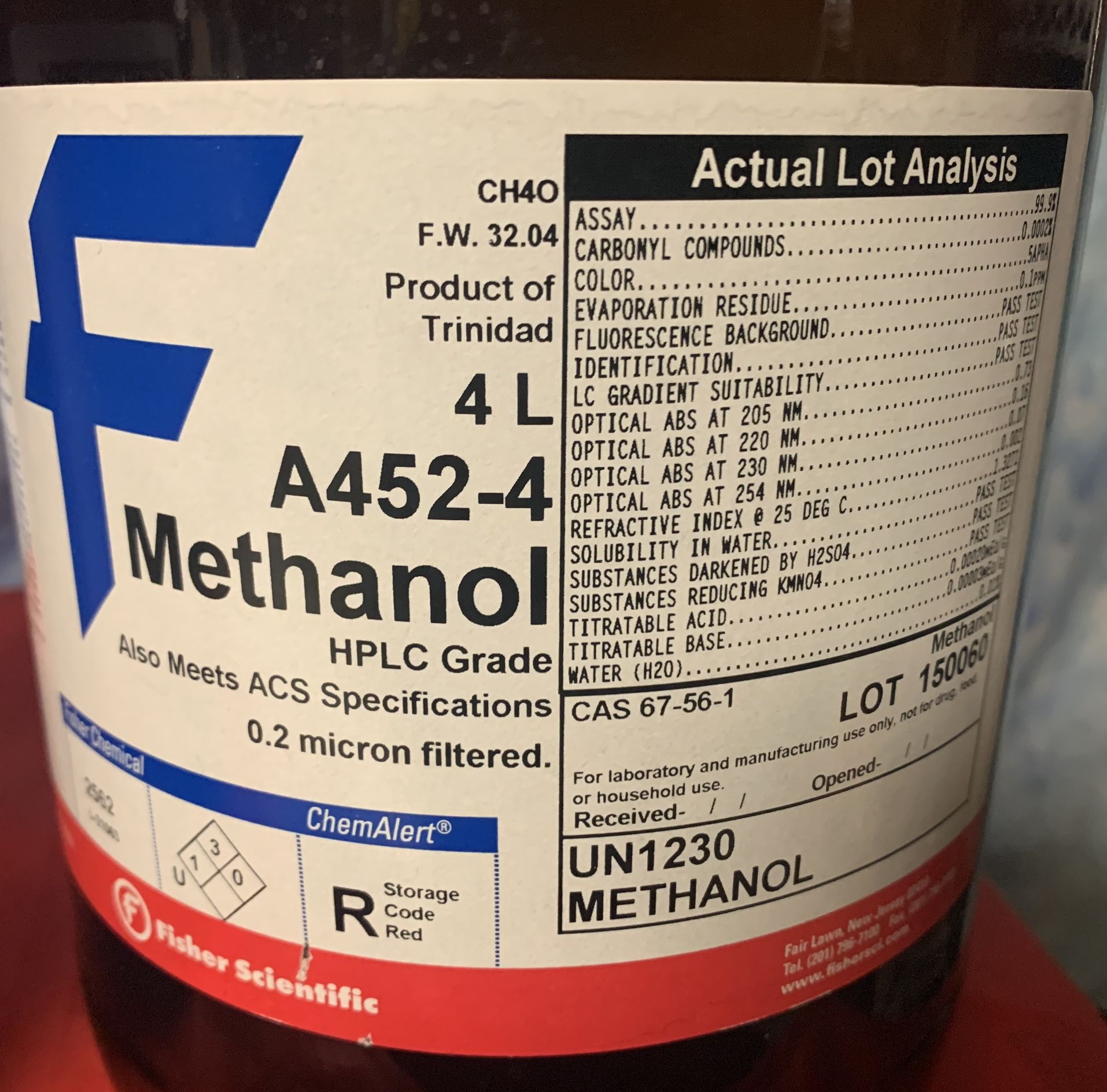 Two 4 Liter Bottles HPLC Grade Methanol - Fisher Scientific for Sale in ...