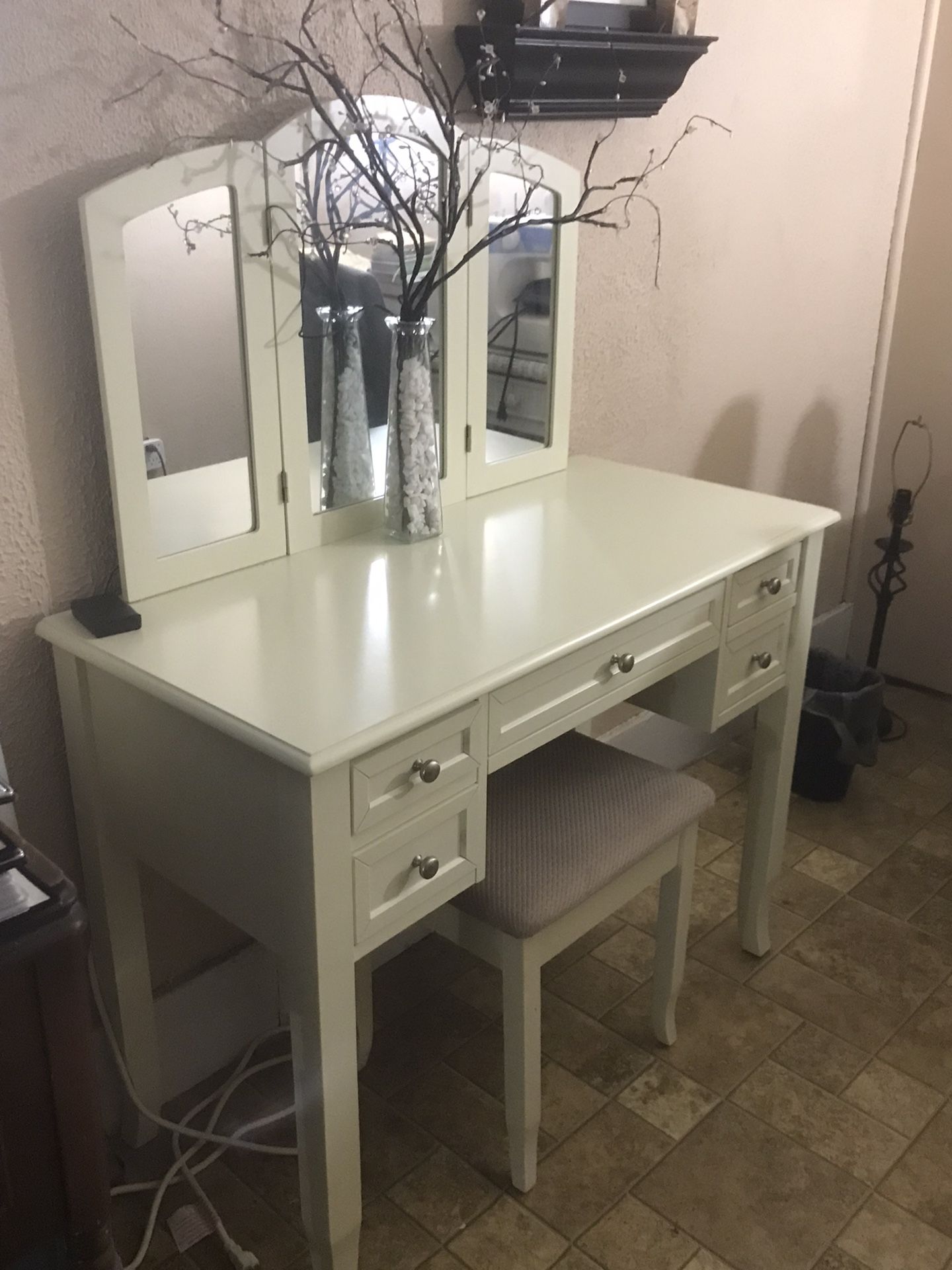 3 Mirror Beige Vanity Desk W/ Built In Outlet And Stool for Sale in ...