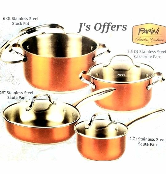 New! Parini 4 Pc Copper Stainless Steel Pot Pan Cookware Set for Sale ...