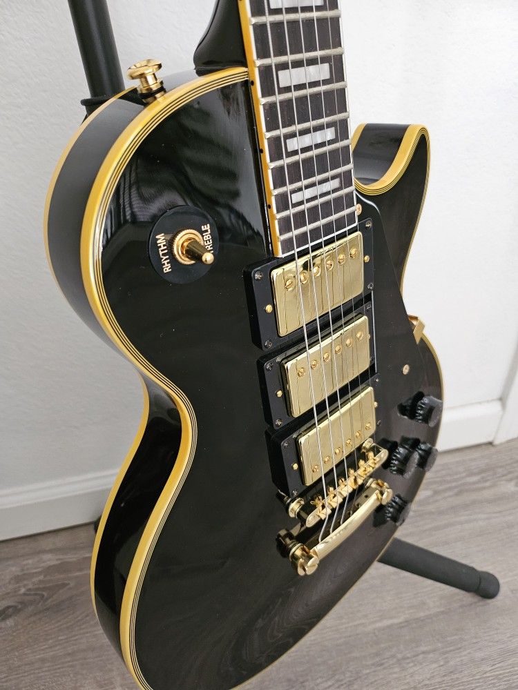 Custom Made LP Solid Body Electric Guitar- Black/yellow Gold Hardware ...