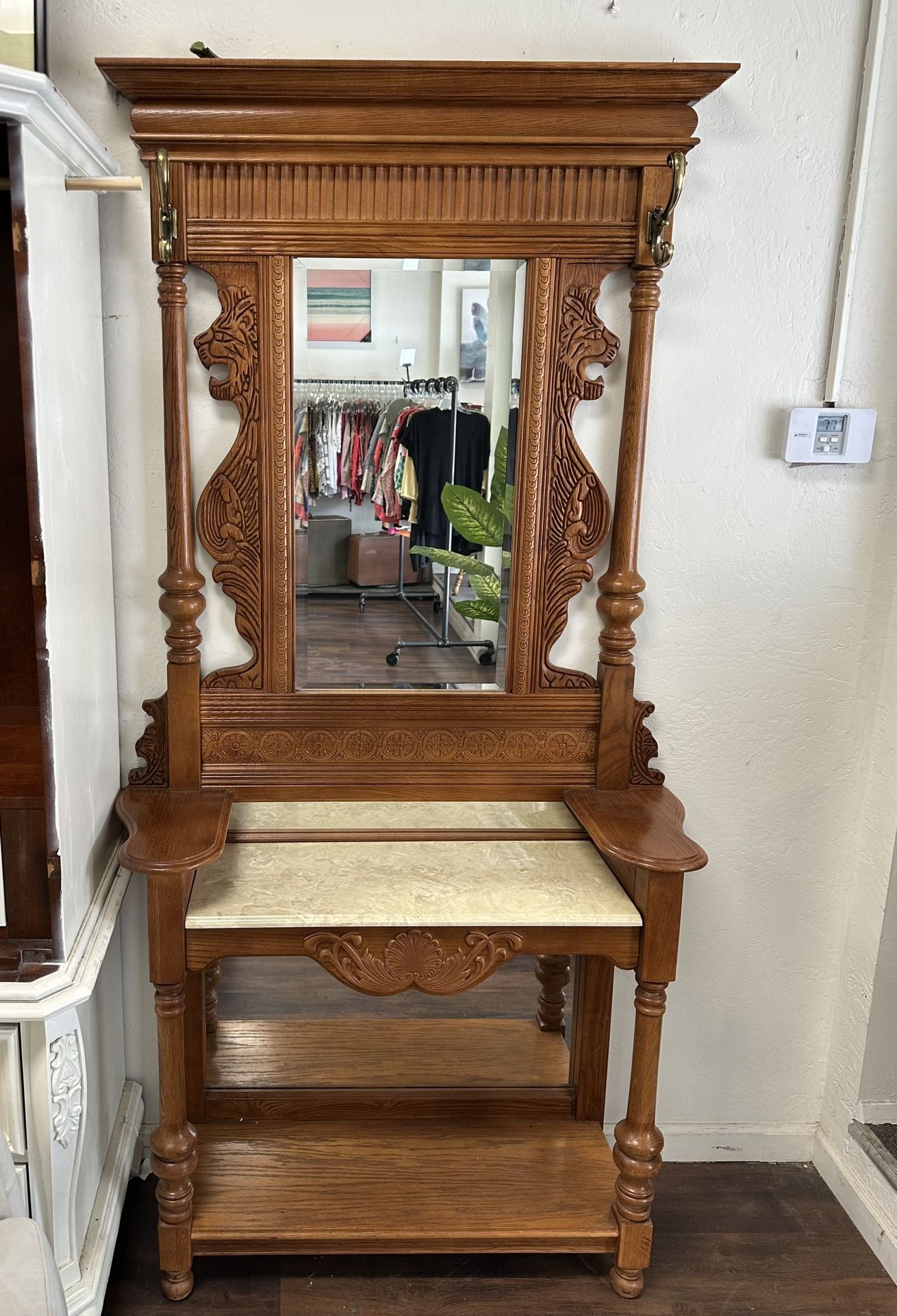 Pulaski Solid Oak Wood And Travertine Marble Hall Tree for Sale in ...