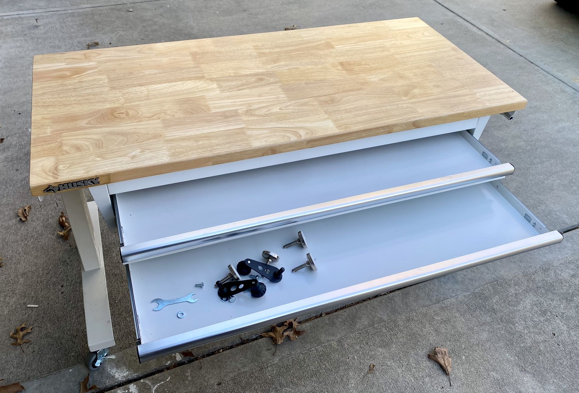 Husky 52 in. W x 24 in. D Steel 2-Drawer Adjustable Height Solid Wood ...