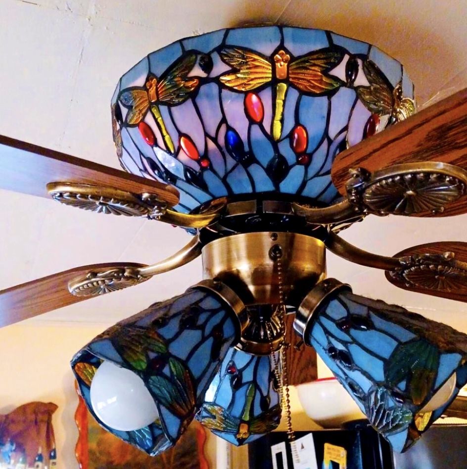 Vintage Tiffany Style Stained Glass Ceiling Light And Fan for Sale in ...