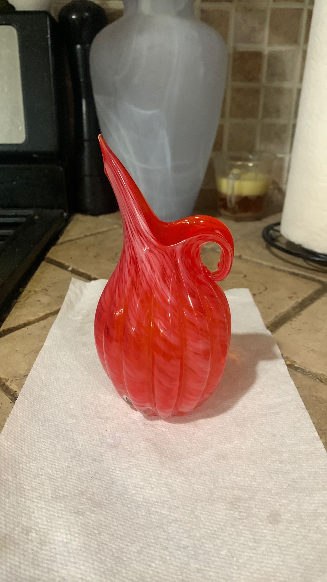 Vintage Lefton Red Orange Swirl Hand Blown Vase Pitcher Swung Glass Art ...