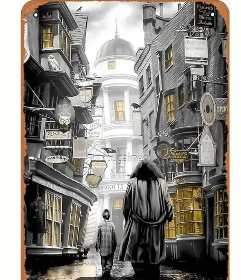 Harry Potter Diagon Alley Tin Sign Harry & Hagrid In Front Of Gringotts ...