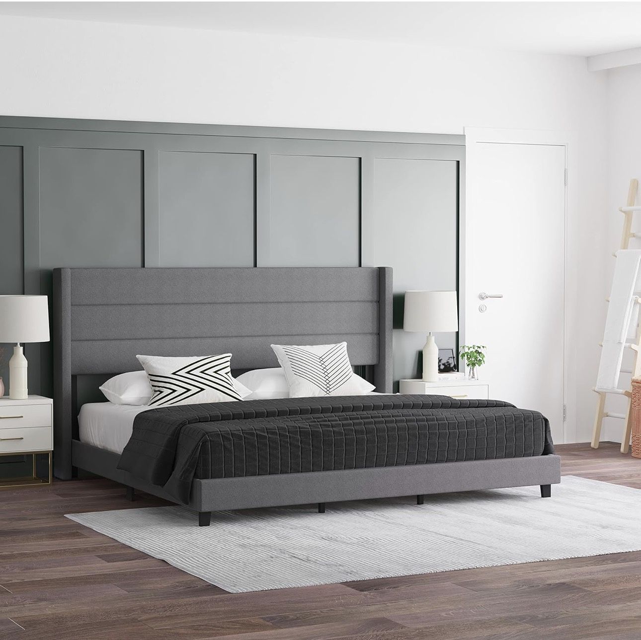 EMMA + OLIVER Holt Modern Platform Bed - Gray Faux Linen Upholstery ...
